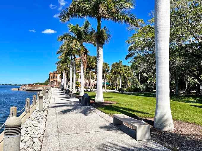 This waterfront walkway once welcomed guests arriving by yacht, because apparently driveways were too pedestrian for the Ringlings.