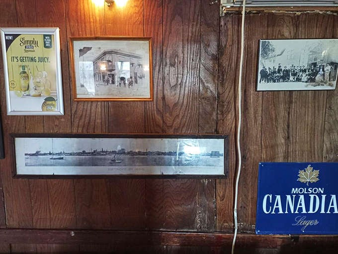 Wall Displays: Decades of Detroit memorabilia line the walls, creating a museum-like timeline of the city's rich and varied history.