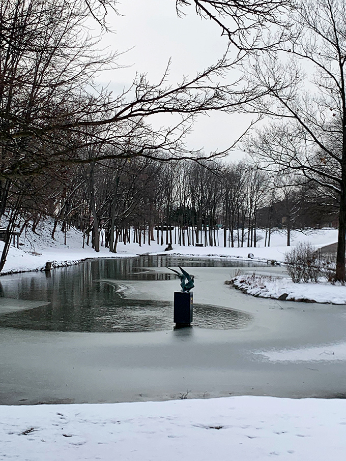 Winter transforms Elmwood into a contemplative wonderland where frozen waters reflect the stark beauty of nature's quietest season.