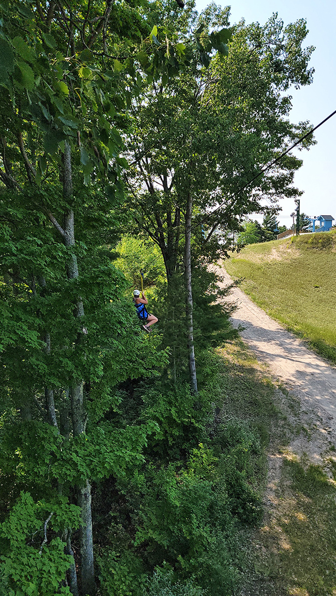 Ziplining Through Trees: Nature's high-speed tunnel of green. The forest canopy becomes a blur of emerald as you zip through Michigan's natural rollercoaster.