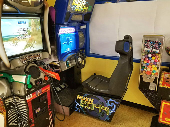 Vintage arcade games offer intermission entertainment, their neon glow and mechanical sounds transporting players to simpler gaming times.