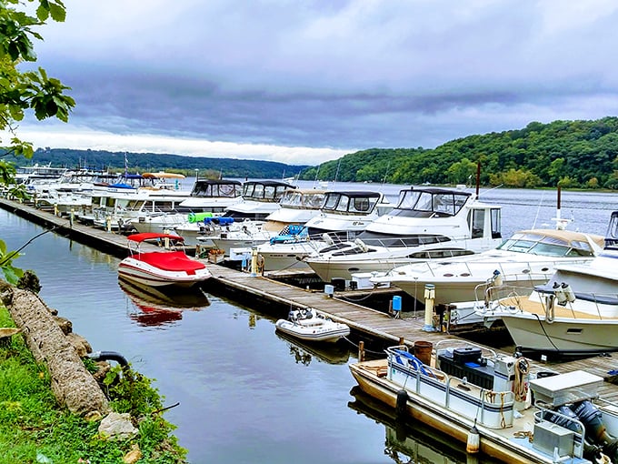 Marina life in full swing &ndash; boats nestled in their slips like colorful puzzle pieces, waiting for their next adventure on the St. Croix.