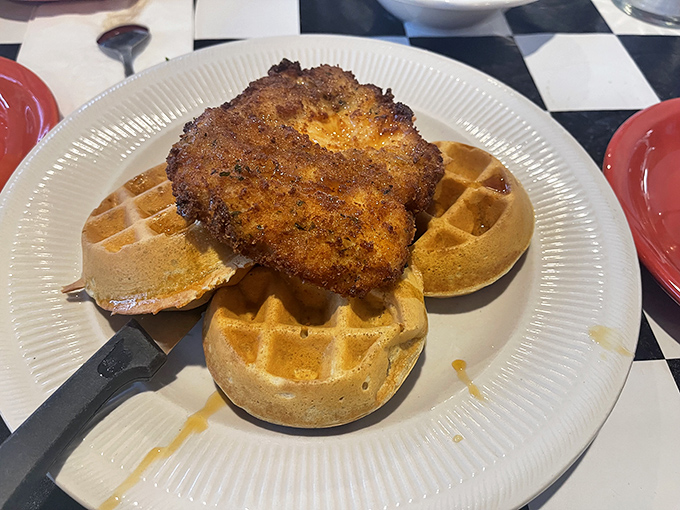 Chicken and waffles &ndash; the ultimate sweet-savory romance on a plate, with crispy chicken perched atop golden waffles just waiting for maple syrup.