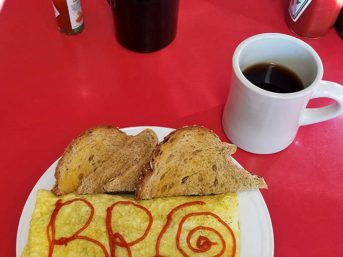 Sometimes the simplest pleasures are the best – hot coffee and toast with "BBO" written in ketchup, a signature Band Box touch.