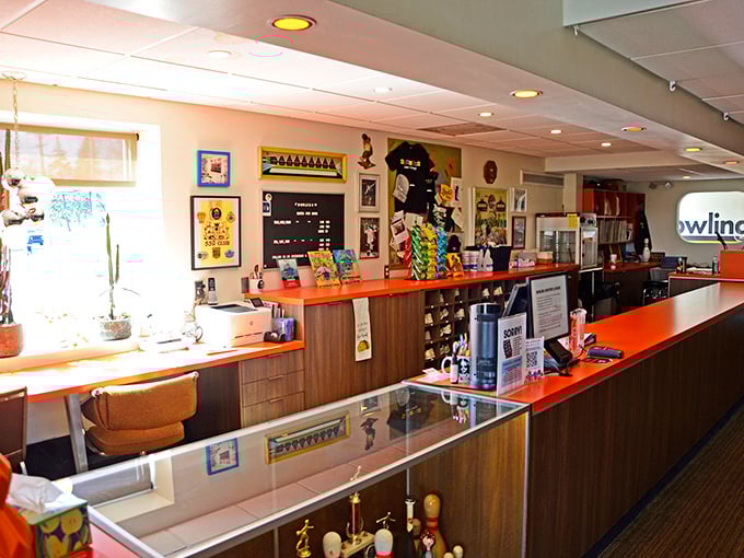 Memorabilia and bowling treasures line the counter, telling stories of perfect games and league championships from decades past.