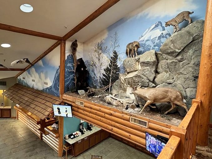 Detailed wildlife exhibits line the walls, bringing the great outdoors inside where, ironically, everyone is already soaking wet.