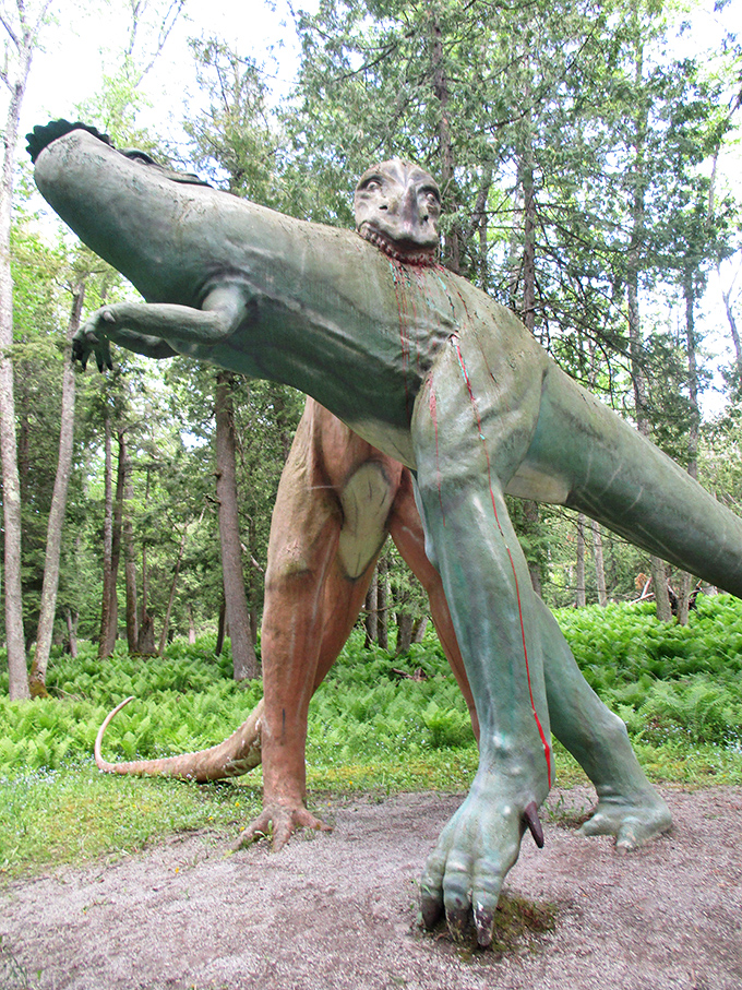 Two dinosaurs locked in eternal combat, or perhaps just engaged in history's longest game of prehistoric tag.