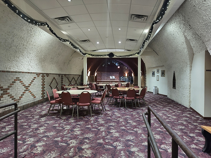 Event spaces with carpeting and chandeliers prove you can make a cave feel fancy without losing its underground charm.