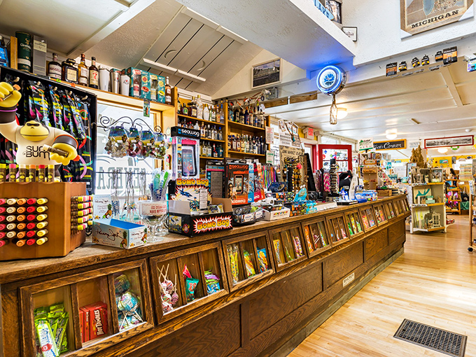 The historic wooden shelving and classic merchandise transform shopping for essentials into a delightful treasure hunt through time.