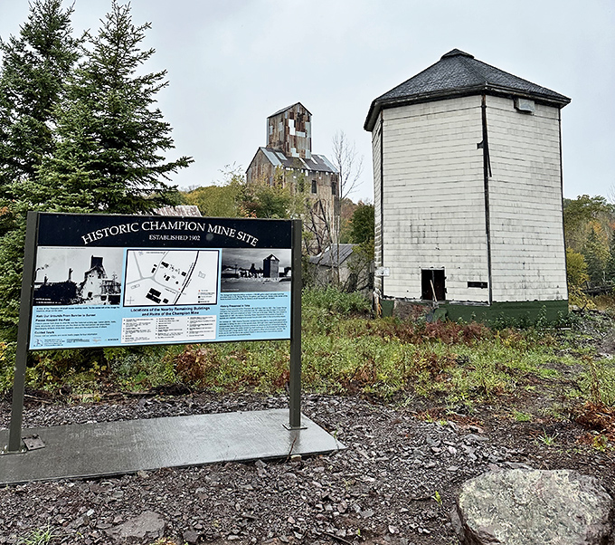 An interpretive sign offers context to the industrial ruins, translating rust and rubble into the fascinating story of Michigan's copper kingdom.