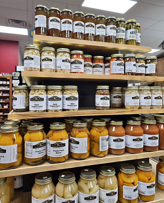 Mason jars lined up like soldiers – each containing pickled perfection or preserves that would make your grandmother nod in approval.