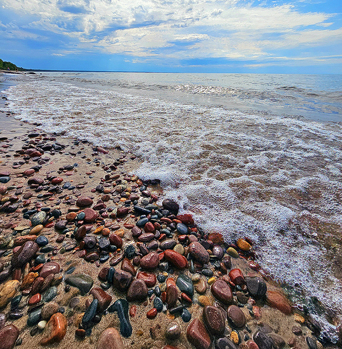 Geological jackpot: Lake Superior's famous agates reveal their distinctive bands and translucence, rewards for the sharp-eyed beachcomber.