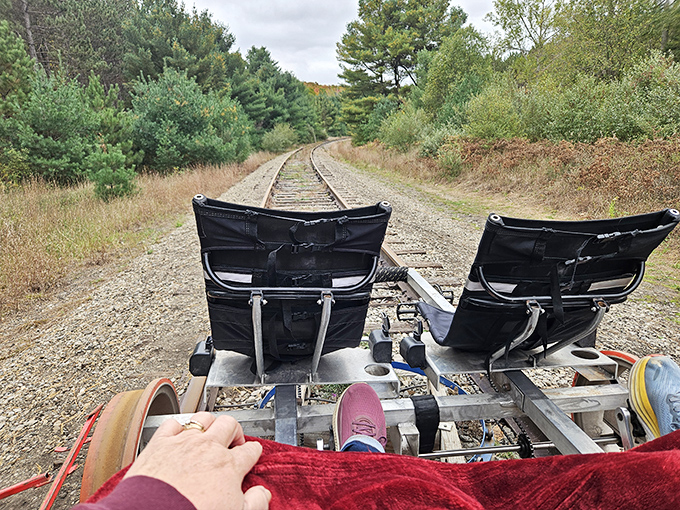 The rail rider's view stretches into the distance, promising miles of adventure along tracks once used for commerce and now repurposed for joy.