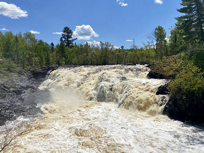 Spring's magnificent fury &ndash; snowmelt transforms the normally graceful falls into this thundering torrent that makes the ground vibrate beneath your feet.