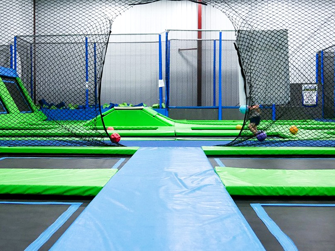 Trampolines line the walls in this section, turning ordinary dodgeball into a three-dimensional chess match of duck, dive, and dodge.