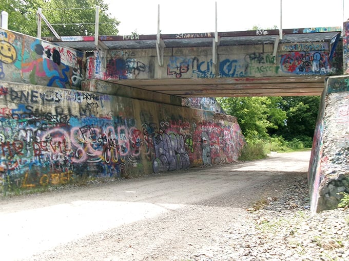 Viewed from the side, the full extent of the graffiti becomes apparent, covering every accessible surface with layers of paint.