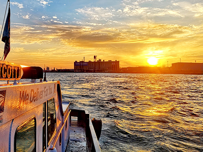 Golden hour magic transforms the Detroit River into a shimmering pathway as the Westcott returns from another successful delivery run.