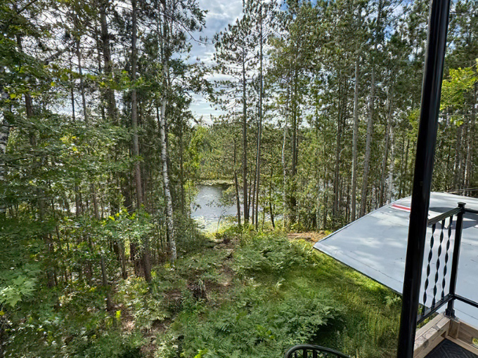 The view from the plane reveals glimpses of a serene lake through the trees, adding to the property's natural appeal.