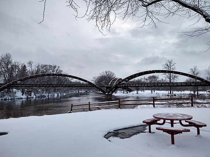 Winter casts its magical spell on The Tridge, transforming wood and water into a serene snow-globe scene straight from a holiday card.