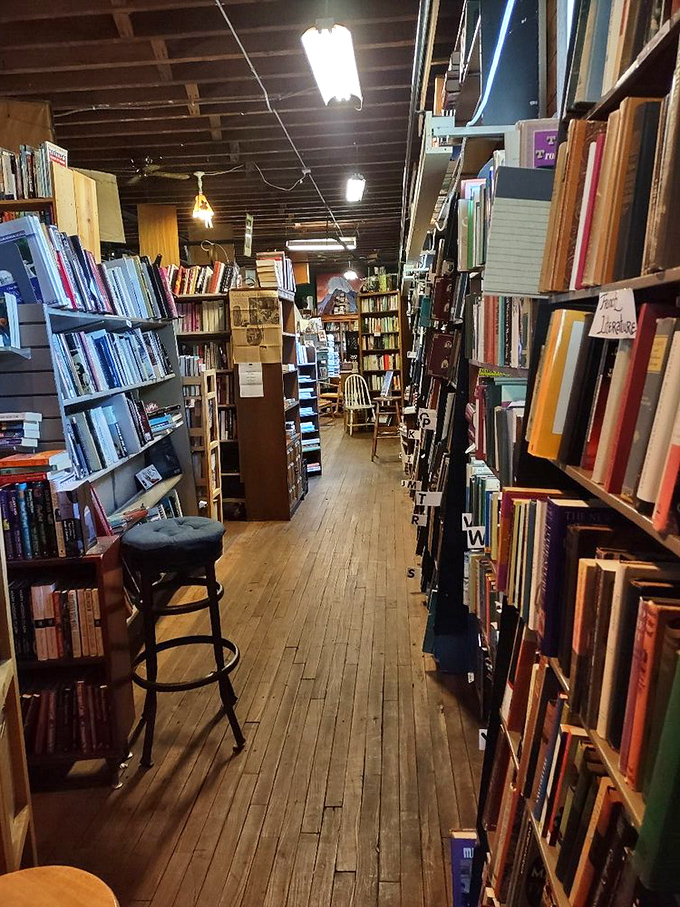 The building's industrial past shines through in exposed beams and pipes, now home to thousands of literary worlds.