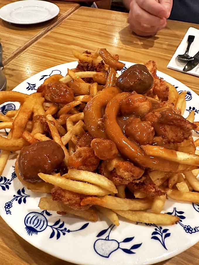 Al Johnson poutine: French fries smothered in gravy and Swedish meatballs &ndash; a culinary collaboration between Canada and Sweden that works brilliantly.