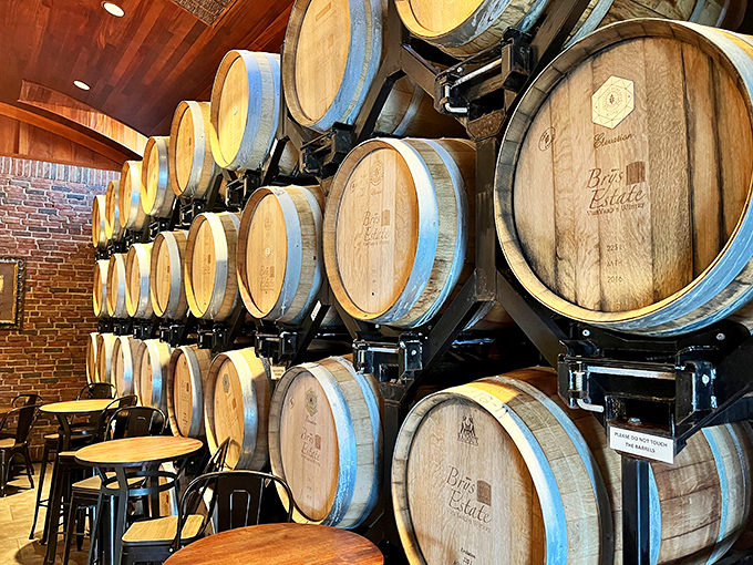 Aging gracefully: Oak barrels stacked against exposed brick walls aren't just for show &ndash; they're working their time-honored magic on future Brys Estate releases.