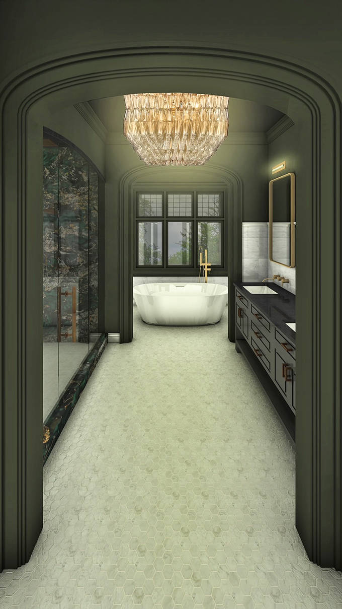 Luxury reaches its peak in this spa-like bathroom, where a freestanding tub awaits beneath a crystal chandelier for the ultimate relaxation experience.