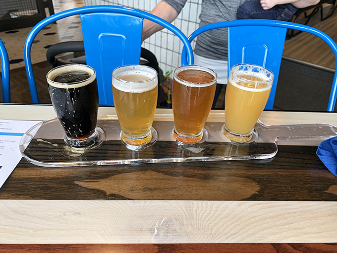 A flight of Michigan craft beers showcases local brewing talent, from dark stouts to golden ales – unexpected sophistication at a roadside stop.