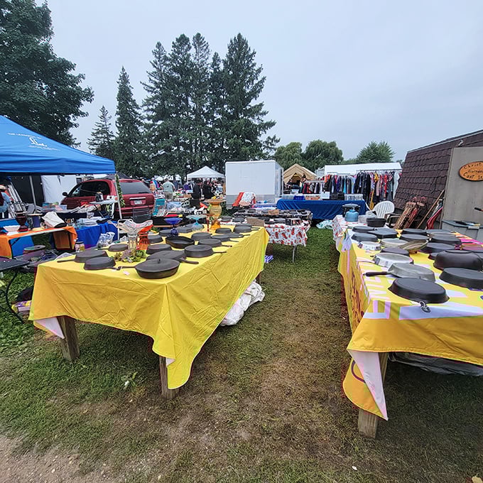 Treasure hunting requires fuel! Vendors display cast iron cookware that's been seasoning stories for generations alongside newer pieces.