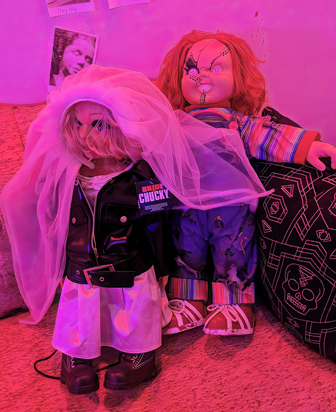 Chucky and Tiffany dolls arranged in unholy matrimony &ndash; proving that even psychopathic toys can find love in this crazy world.