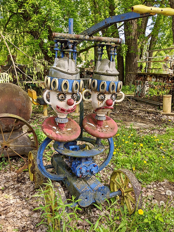 These clown-faced contraptions might haunt your dreams, but in the daylight, they're just part of the park's mechanical circus.