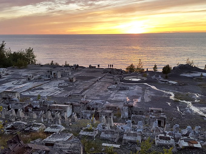 Sunset transforms the ruins into a copper-colored dreamscape, as if the metal once processed here has returned as evening light.