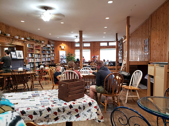A dining space where bookshelves double as decor and every corner invites you to settle in for the long haul.