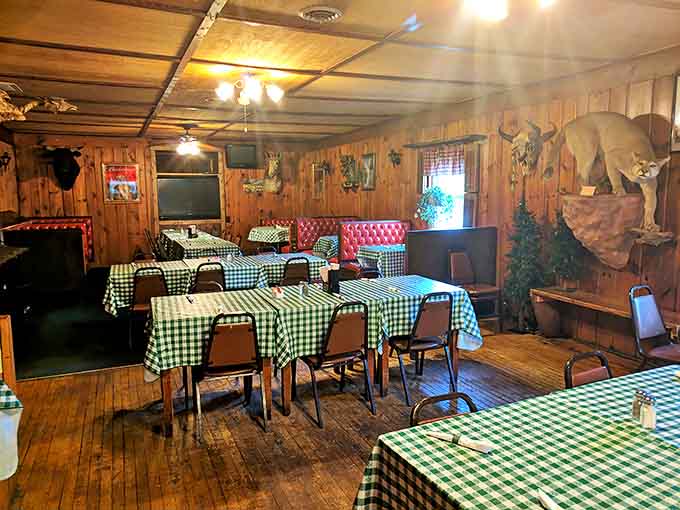 Green checkered tablecloths and wooden chairs create that "grandma's dining room" vibe we didn't know we needed.
