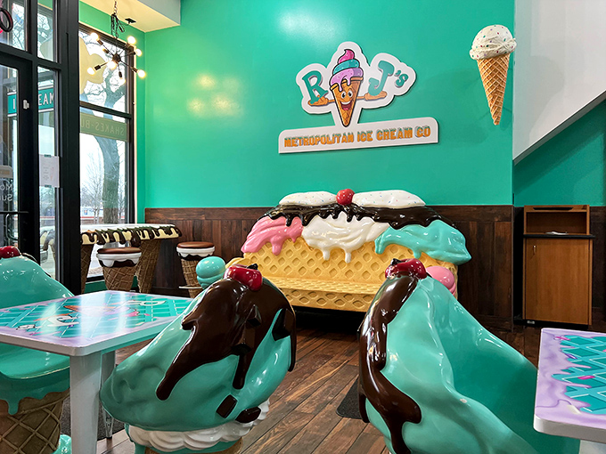 The ice cream cone bench isn't just seating &ndash; it's an Instagram moment waiting to happen against exposed brick walls and turquoise accents.