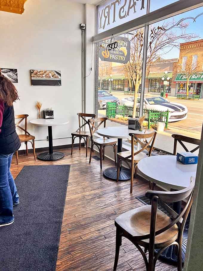 The minimalist dining area offers front-row seats to Tecumseh's main street, where you can contemplate the meaning of life over exceptional pastries.
