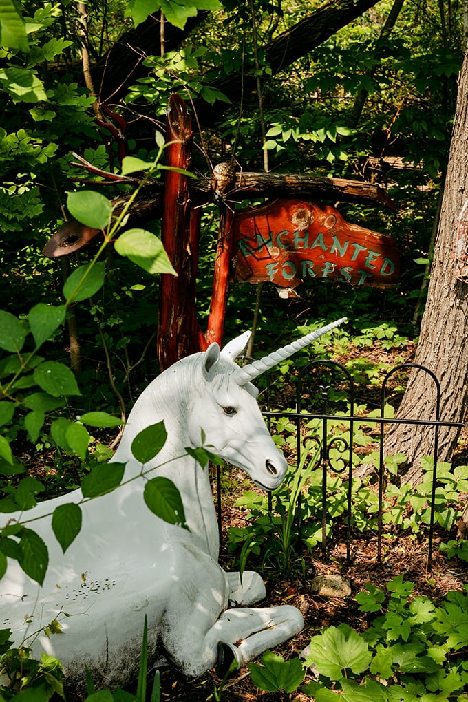 A resting unicorn brings storybook magic to the Enchanted Forest, where visitors half-expect woodland creatures to break into Disney songs.