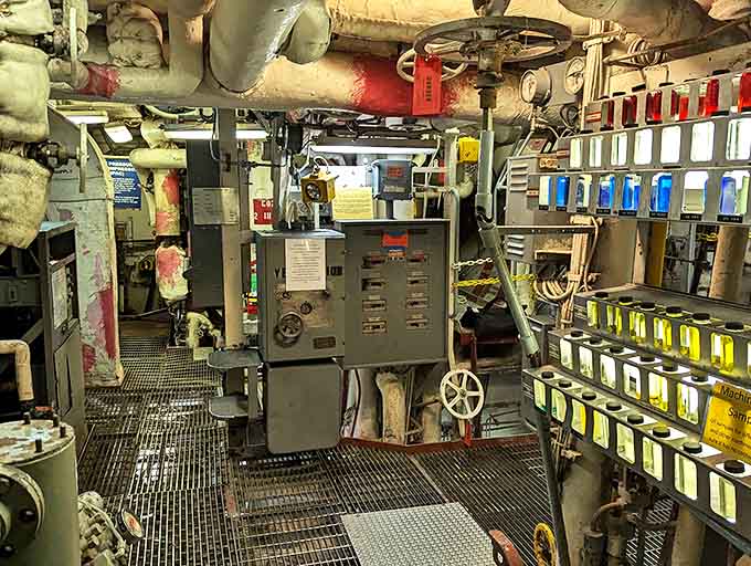 The engine room's mechanical labyrinth once roared with power, pushing 3,000 tons of destroyer through international waters at impressive speeds.