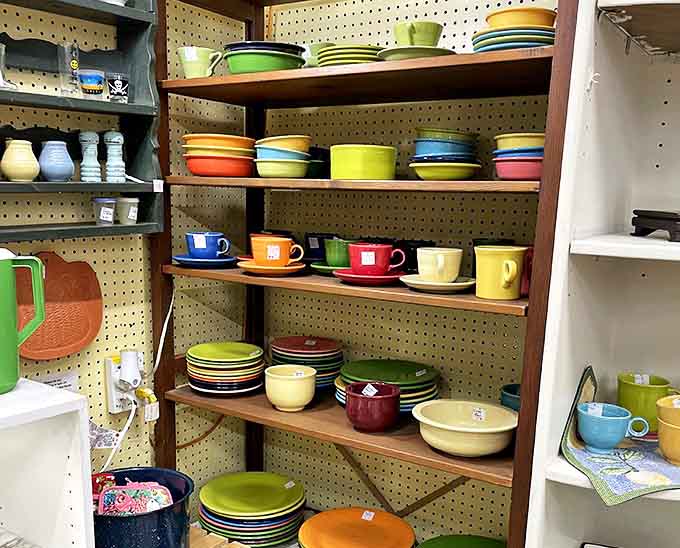 Fiestaware displays create a rainbow of ceramic joy &ndash; these aren't just dishes, they're colorful pieces of American design history.