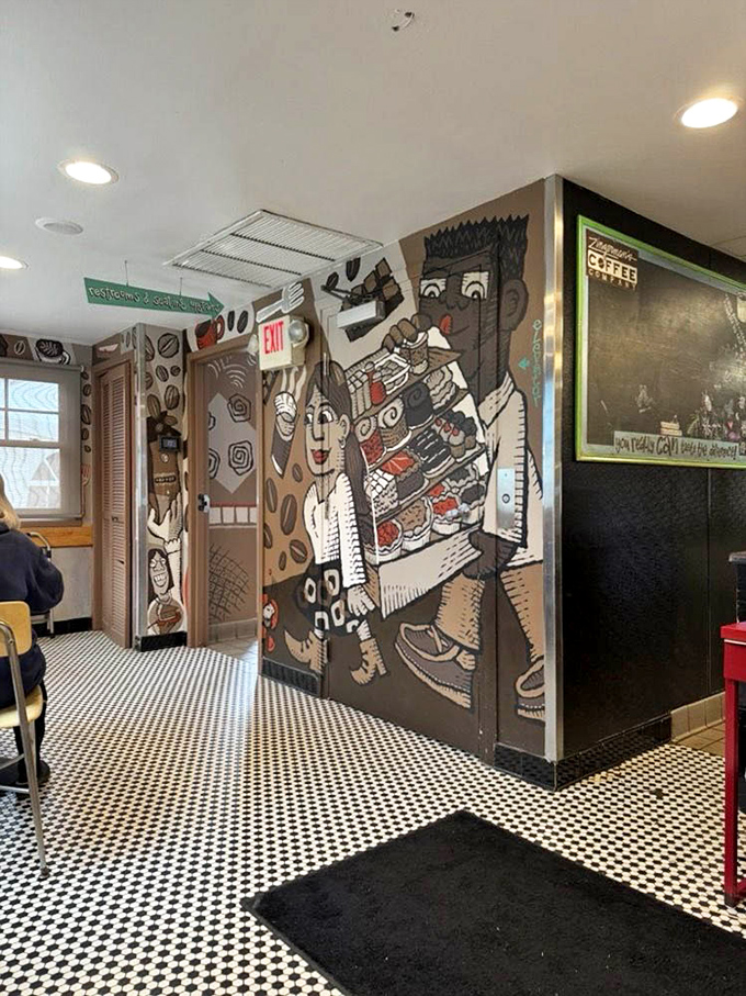 Whimsical murals transform ordinary walls into a playful celebration of coffee culture, creating an atmosphere that's equal parts art gallery and cozy caf&eacute;.