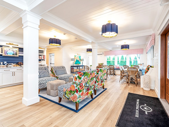 Main Lobby & Lounge: Coastal patterns dance with classic architecture in this gathering space where vacation mode activates upon crossing the threshold.