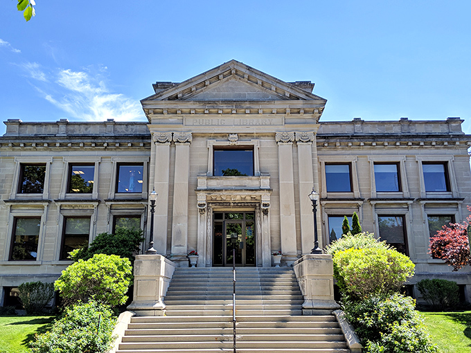 Knowledge and beauty coexist in the Carnegie-funded Manistee County Library, its classical columns framing a temple to literature.