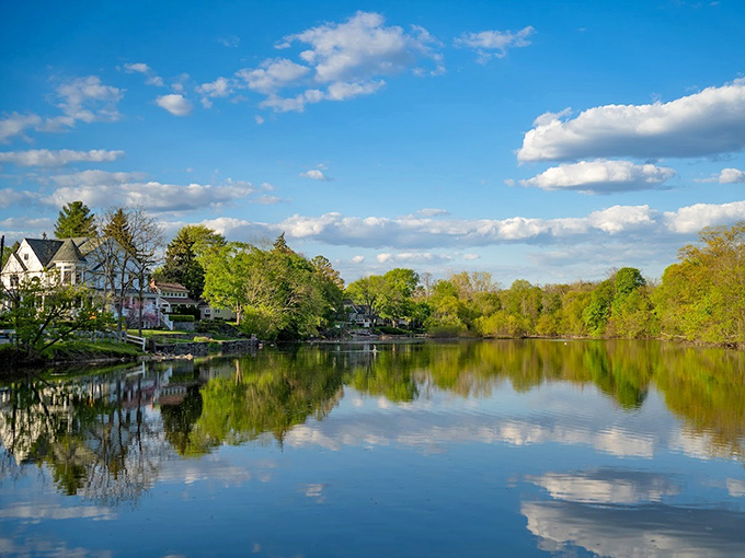 The Mill Pond offers mirror-perfect reflections of historic buildings, creating twice the beauty with half the construction effort.