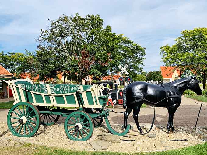 This horse and wagon setup is so authentically old-world, you half expect it to start delivering milk and newspapers.