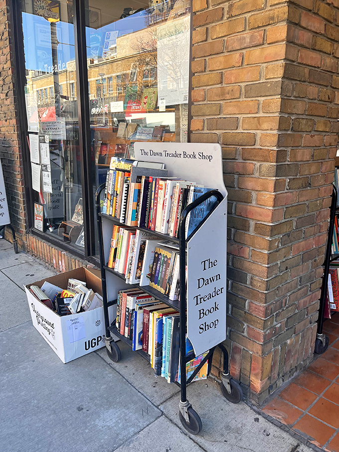 Sidewalk book carts serve as appetizers to the literary feast within, tempting passersby with affordable treasures and spontaneous discoveries.