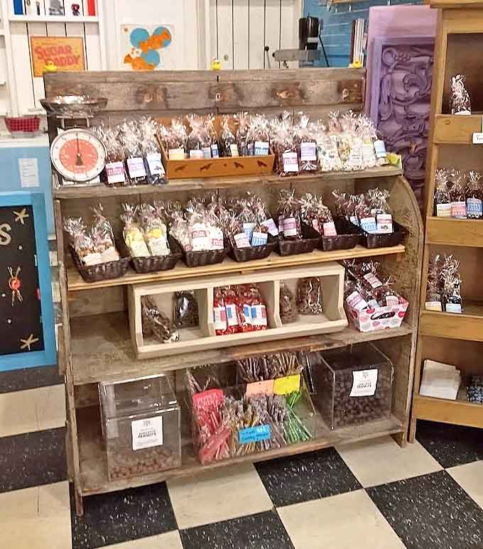 Vintage wooden shelving cradles packaged treasures, transforming simple sweets into gifts worthy of genuine gratitude (or strategic hoarding).