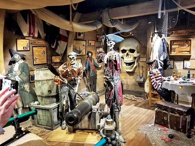 Yarr, welcome aboard! The pirate section brings seafaring legends to life with skeletal crews and authentic-looking treasures.