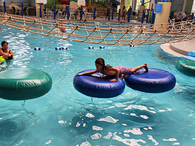 Floating stepping stones create an aquatic obstacle course where success means staying dry and failure means... well, that's actually more fun anyway.