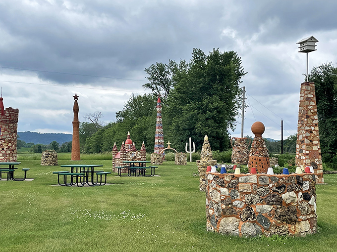 Picnic tables nestled among the sculptures offer perfect spots to enjoy lunch while contemplating the curious stone creations surrounding you.
