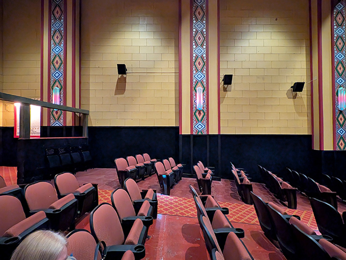 Each seat offers a perfect sightline to the screen, thoughtfully arranged for optimal viewing in this intimate historic space.